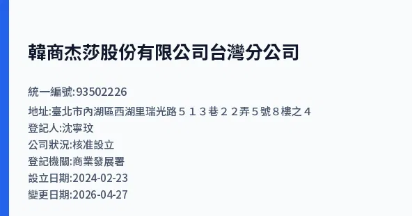 韓商杰莎股份有限公司台灣分公司的照片-統編 93502226(臺北市) 公司登記資料與營業項目詳細圖表