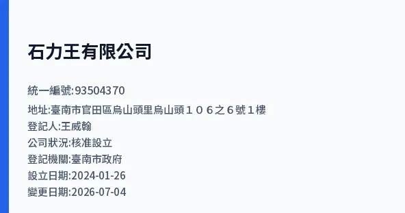 石力王有限公司的照片-統編 93504370(臺南市) 公司登記資料與營業項目詳細圖表