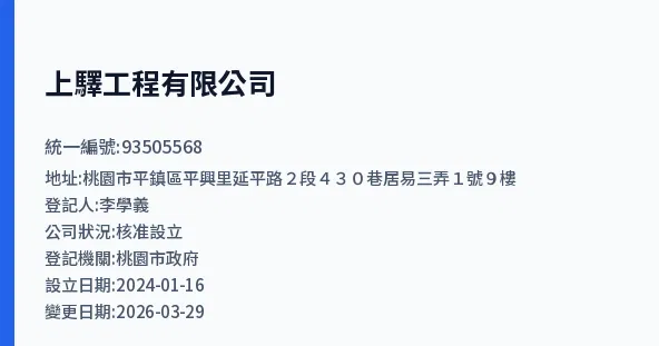 上驛工程有限公司的照片-統編 93505568(桃園市) 公司登記資料與營業項目詳細圖表