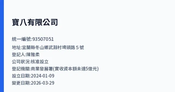 寶八有限公司的照片-統編 93507051(宜蘭縣) 公司登記資料與營業項目詳細圖表