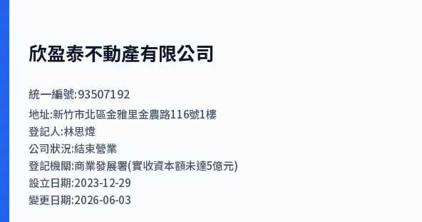 欣盈泰不動產有限公司的照片-統編 93507192(新竹市) 公司登記資料與營業項目詳細圖表