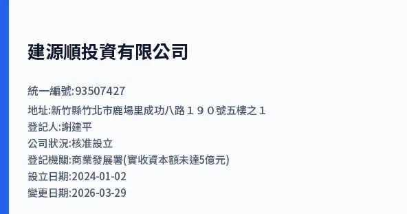 建源順投資有限公司的照片-統編 93507427(新竹縣) 公司登記資料與營業項目詳細圖表