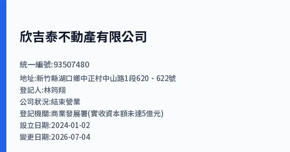 欣吉泰不動產有限公司的照片-統編 93507480(新竹縣) 公司登記資料與營業項目詳細圖表