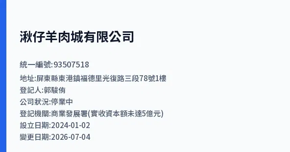 湫仔羊肉城有限公司的照片-統編 93507518(屏東縣) 公司登記資料與營業項目詳細圖表