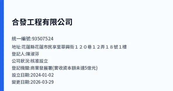 合發工程有限公司的照片-統編 93507524(花蓮縣) 公司登記資料與營業項目詳細圖表