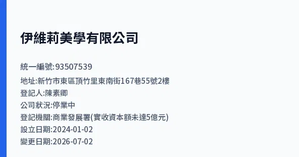 伊維莉美學有限公司的照片-統編 93507539(新竹市) 公司登記資料與營業項目詳細圖表