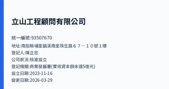 立山工程顧問有限公司的照片-統編 93507670(南投縣) 公司登記資料與營業項目詳細圖表