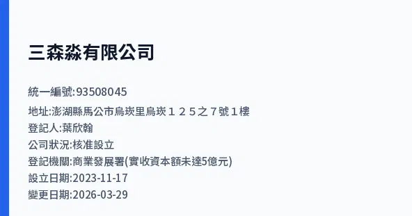三森淼有限公司的照片-統編 93508045(澎湖縣) 公司登記資料與營業項目詳細圖表