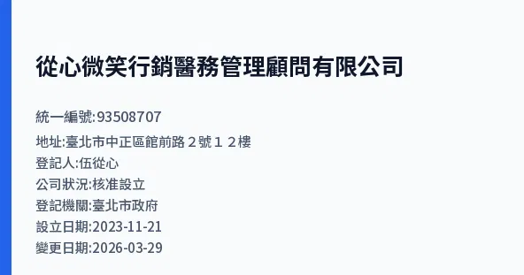 從心微笑行銷醫務管理顧問有限公司的照片-統編 93508707(臺北市) 公司登記資料與營業項目詳細圖表