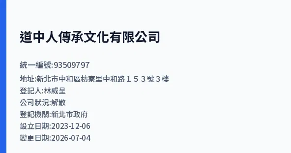 道中人傳承文化有限公司的照片-統編 93509797(新北市) 公司登記資料與營業項目詳細圖表