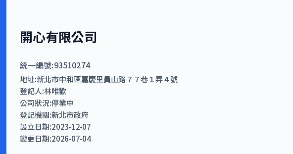 開心有限公司的照片-統編 93510274(新北市) 公司登記資料與營業項目詳細圖表