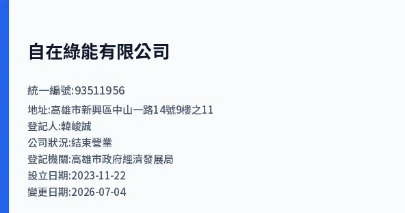 自在綠能有限公司的照片-統編 93511956(高雄市) 公司登記資料與營業項目詳細圖表