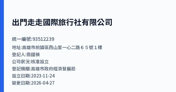 出門走走國際旅行社有限公司的照片-統編 93512239(高雄市) 公司登記資料與營業項目詳細圖表