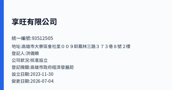 享旺有限公司的照片-統編 93512505(高雄市) 公司登記資料與營業項目詳細圖表