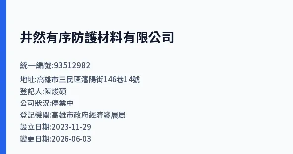 井然有序防護材料有限公司的照片-統編 93512982(高雄市) 公司登記資料與營業項目詳細圖表