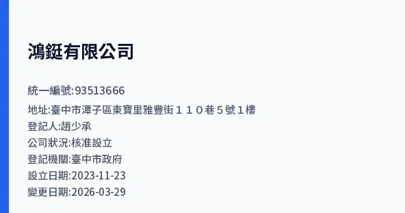 鴻鋌有限公司的照片-統編 93513666(臺中市) 公司登記資料與營業項目詳細圖表