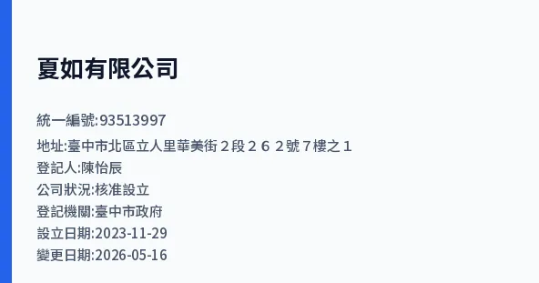 夏如有限公司的照片-統編 93513997(臺中市) 公司登記資料與營業項目詳細圖表