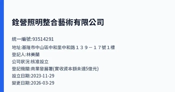 銓營照明整合藝術有限公司的照片-統編 93514291(基隆市) 公司登記資料與營業項目詳細圖表