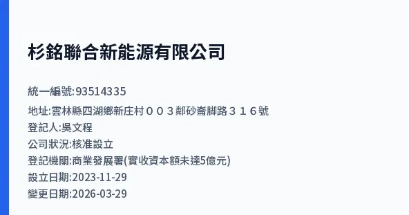 杉銘聯合新能源有限公司的照片-統編 93514335(雲林縣) 公司登記資料與營業項目詳細圖表