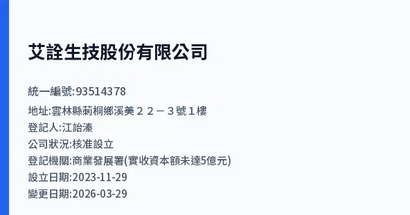 艾詮生技股份有限公司的照片-統編 93514378(雲林縣) 公司登記資料與營業項目詳細圖表