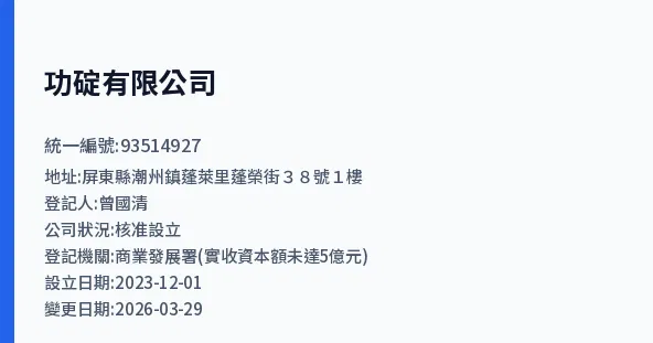 功碇有限公司的照片-統編 93514927(屏東縣) 公司登記資料與營業項目詳細圖表