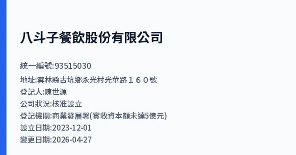 八斗子餐飲股份有限公司的照片-統編 93515030(雲林縣) 公司登記資料與營業項目詳細圖表