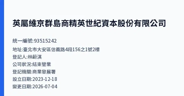 英屬維京群島商精英世紀資本股份有限公司的照片-統編 93515242(臺北市) 公司登記資料與營業項目詳細圖表