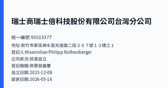 瑞士商瑞士倍科技股份有限公司台灣分公司的照片-統編 93515377(新竹市) 公司登記資料與營業項目詳細圖表