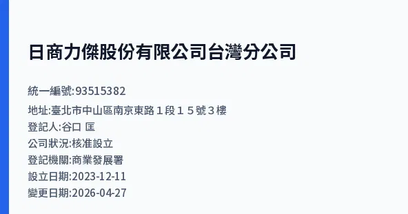 日商力傑股份有限公司台灣分公司的照片-統編 93515382(臺北市) 公司登記資料與營業項目詳細圖表