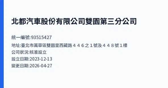 北都汽車股份有限公司雙園第三分公司的照片-統編 93515427(臺北市) 公司登記資料與營業項目詳細圖表