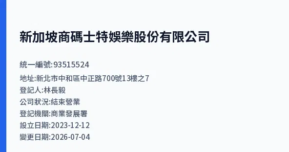 新加坡商碼士特娛樂股份有限公司的照片-統編 93515524(新北市) 公司登記資料與營業項目詳細圖表