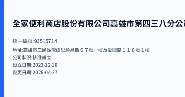 全家便利商店股份有限公司高雄市第四三八分公司的照片-統編 93515714(高雄市) 公司登記資料與營業項目詳細圖表