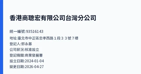 香港商聰宏有限公司台灣分公司的照片-統編 93516143(臺北市) 公司登記資料與營業項目詳細圖表