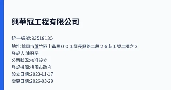 興華冠工程有限公司的照片-統編 93518135(桃園市) 公司登記資料與營業項目詳細圖表