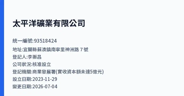 太平洋礦業有限公司的照片-統編 93518424(宜蘭縣) 公司登記資料與營業項目詳細圖表