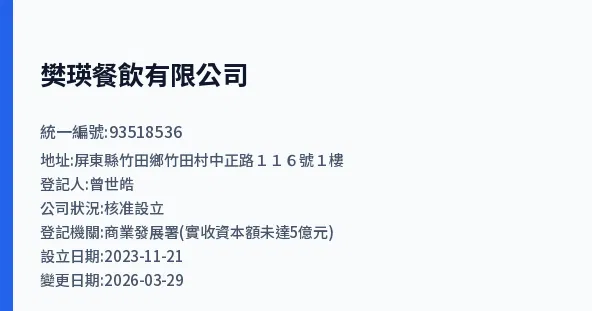 樊瑛餐飲有限公司的照片-統編 93518536(屏東縣) 公司登記資料與營業項目詳細圖表