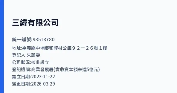 三緯有限公司的照片-統編 93518780(嘉義縣) 公司登記資料與營業項目詳細圖表