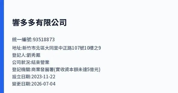 響多多有限公司的照片-統編 93518873(新竹市) 公司登記資料與營業項目詳細圖表