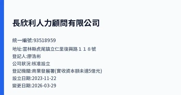 長欣利人力顧問有限公司的照片-統編 93518959(雲林縣) 公司登記資料與營業項目詳細圖表