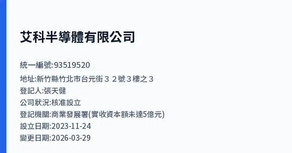 艾科半導體有限公司的照片-統編 93519520(新竹縣) 公司登記資料與營業項目詳細圖表