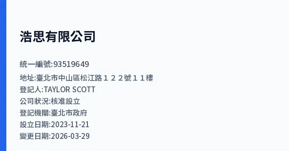 浩思有限公司的照片-統編 93519649(臺北市) 公司登記資料與營業項目詳細圖表