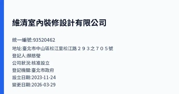 維清室內裝修設計有限公司的照片-統編 93520462(臺北市) 公司登記資料與營業項目詳細圖表