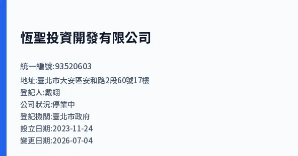 恆聖投資開發有限公司的照片-統編 93520603(臺北市) 公司登記資料與營業項目詳細圖表