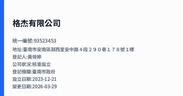 格杰有限公司的照片-統編 93523453(臺南市) 公司登記資料與營業項目詳細圖表