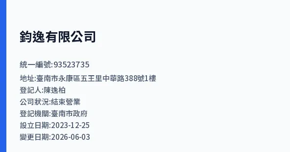 鈞逸有限公司的照片-統編 93523735(臺南市) 公司登記資料與營業項目詳細圖表