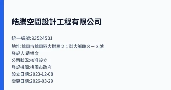 皓騰空間設計工程有限公司的照片-統編 93524501(桃園市) 公司登記資料與營業項目詳細圖表