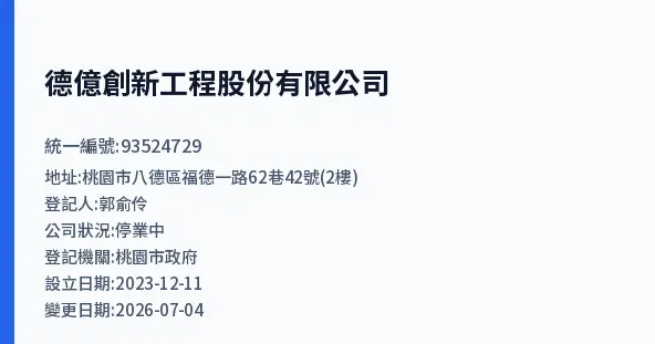 德億創新工程股份有限公司的照片-統編 93524729(桃園市) 公司登記資料與營業項目詳細圖表