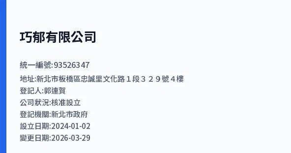 巧郁有限公司的照片-統編 93526347(新北市) 公司登記資料與營業項目詳細圖表