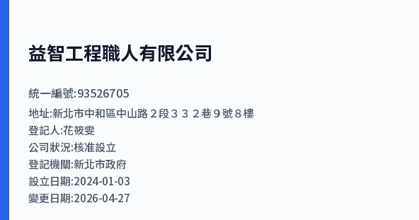 益智工程職人有限公司的照片-統編 93526705(新北市) 公司登記資料與營業項目詳細圖表