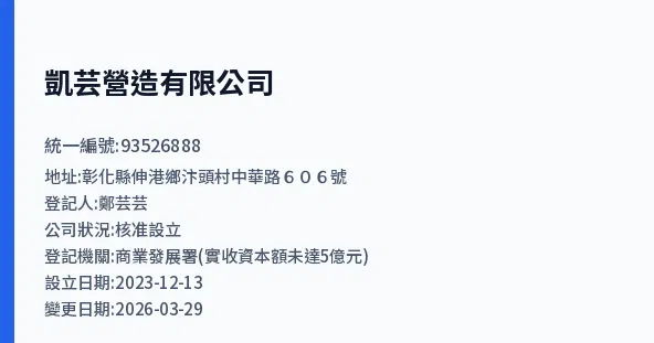 凱芸營造有限公司的照片-統編 93526888(彰化縣) 公司登記資料與營業項目詳細圖表
